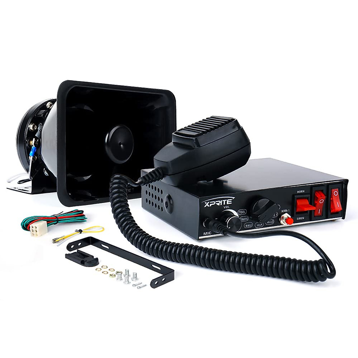 Xprite 200 Watt 8 Tones Emergency Warning Siren Speaker PA System Kit w/Handheld Microphone & Light Control Switches for Police Cars