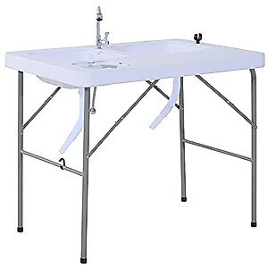 Outsunny Portable Folding Camping Sink Table with Faucet and Dual Water Basins, Outdoor Fish Table Sink, 40''