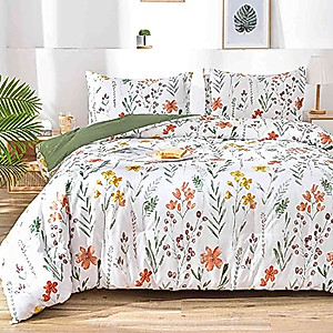 Queen Size Comforter Set, White Yellow Floral, Green Leaf Pattern Print Reversible Down Alternative Bed Sets - 90 x 90 3PC Soft Microfiber Flower Duvet Vintage Farmhouse Bedding in a Bag for Women Men