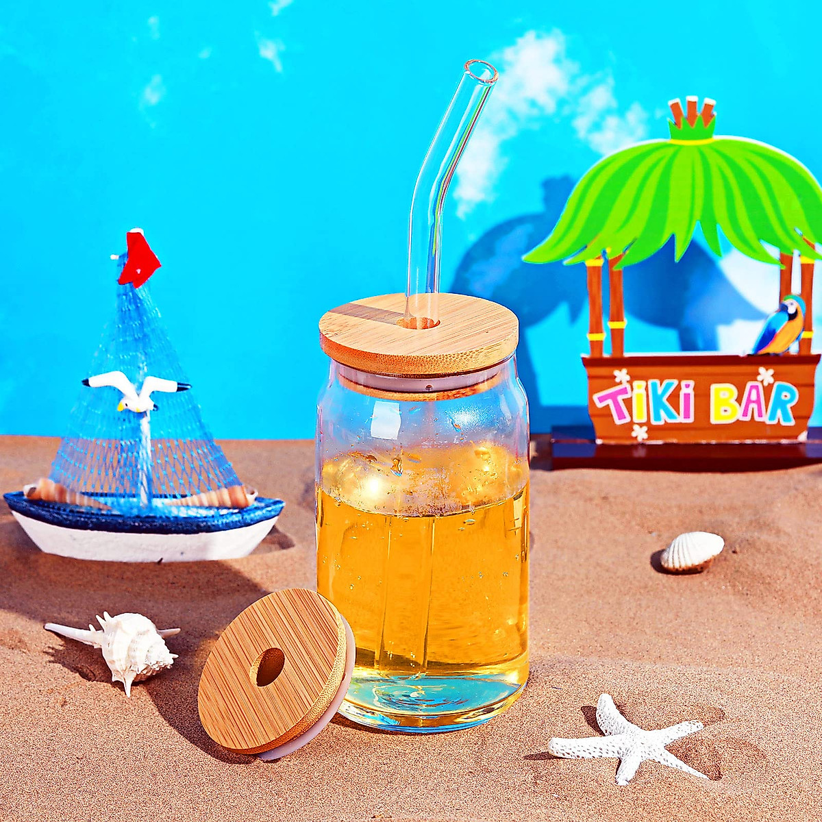 16oz Beer Can Lids Bamboo Lids with Straw Hole Glass Lids for Beer Can Jar Lid for Drinking Glasses, Glasses and Straw Not Included (4 Pieces)