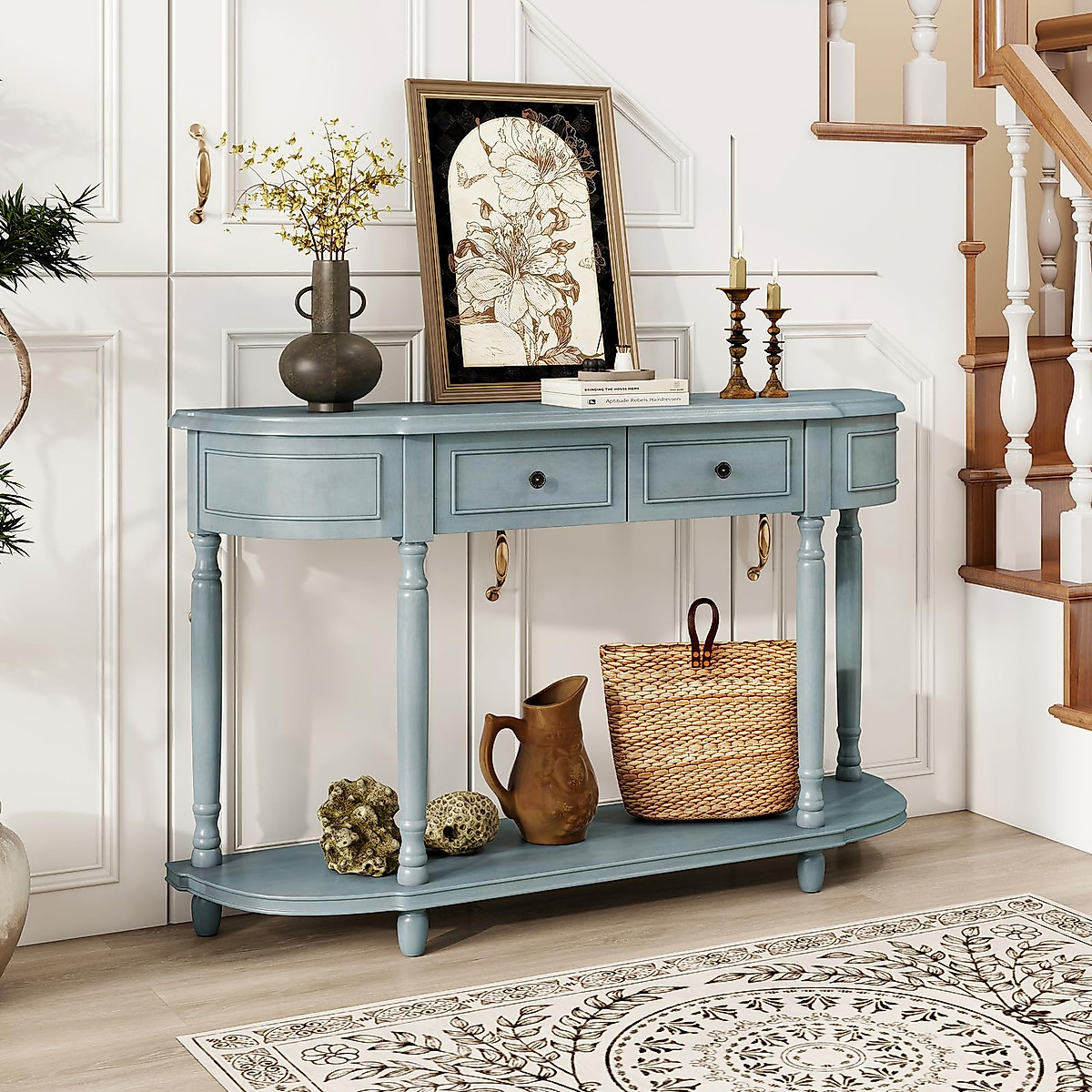 Giantex Console Table with Storage, 52” Long Sofa Table with 2 Drawers, Open Shelf, Solid Wood Legs, Narrow Entryway Table, Vintage Behind Couch Entry Table for Living Room Hallway, Foyer