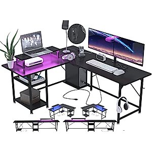 DLIUZ l Shaped Computer Desk with Monitor Stand and Power Outlets,Gaming Desk with Storage Shelf and LED Lights,Home Office Reversible Corner Modern Desk or 2 Person Long Table with Hooks (Black)