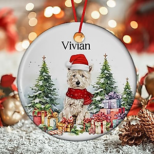 Dog Christmas Ornaments Personalized West Highland White Terrier Round Shaped Ceramic 3 Inch Present for Pet Lover Family Friends Custom Dogs with Santa Hat Decor Xmas Tree Home Party Pendant Gift
