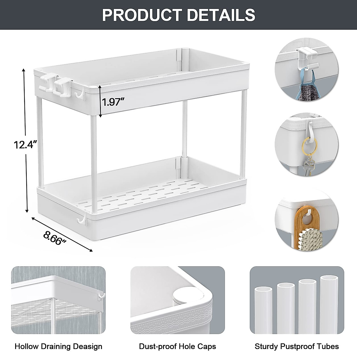 SPACEKEEPER Under Sink Organizer, 2 Tier Under Sink Storage Organizer, Bathroom Standing Rack, Bath Collection Baskets with Hooks, Multi-purpose Storage Shelf, White, 2 Pack