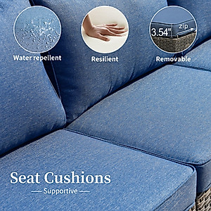 HOOOWOOO 11 Piece Patio Sectional Furniture Set with Fire Pit Table,Modern Wicker Outdoor Conversation Sofa Sets,Weather Resistant Modular L Shaped Outside Couch Swivel Chair Set(Denime Blue)