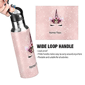 Custom Pink Unicorn Double Stainless Steel Insulated Water Bottle with Straw Lid, 20 oz, Customizable with Name/Text