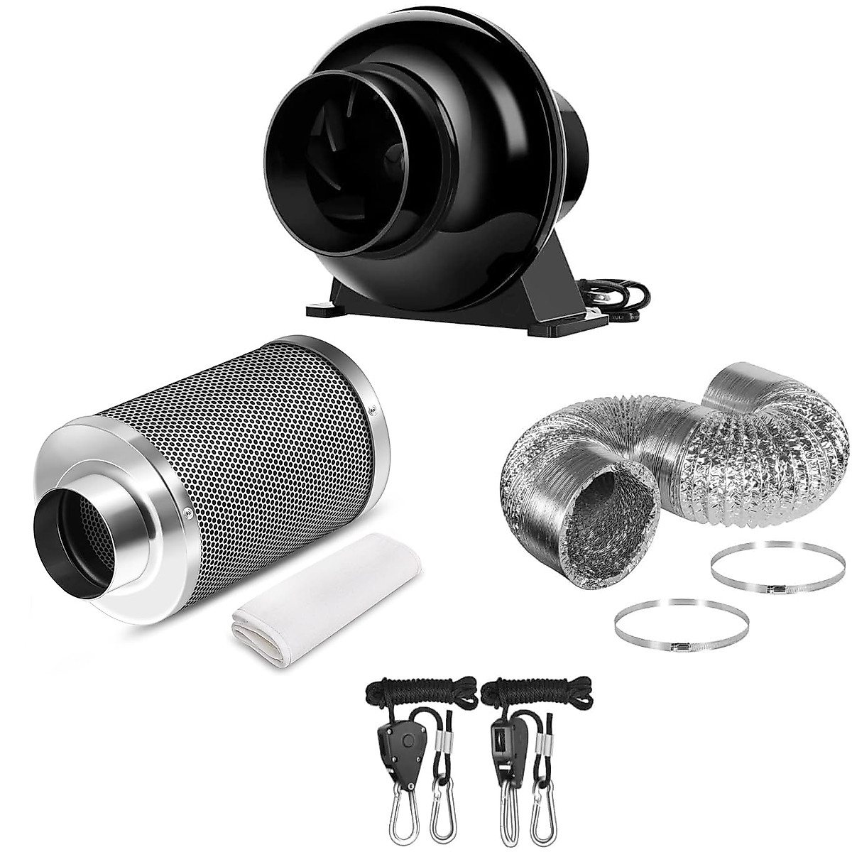 iPower 4 Inch 195 CFM Inline Fan Circulation Vent Blower, Air Carbon Filter, 8 Feet Ducting and 1-Pair Rope Combo for Grow Tent Ventilation, Low noise
