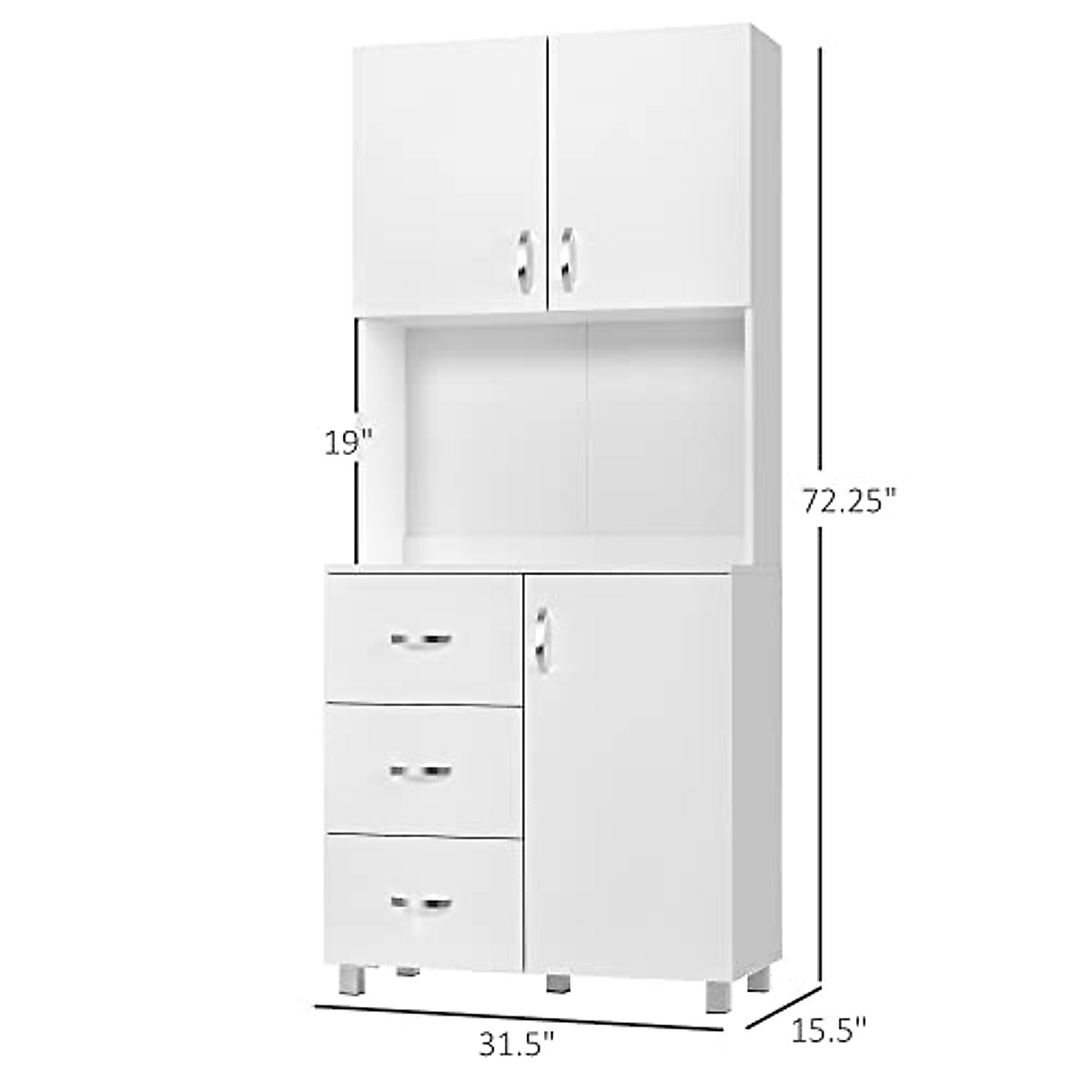 HOMCOM Freestanding Kitchen Pantry, Buffet with Hutch Storage Organizer with 2 Door Cabinets, 3 Drawers and Open Countertop, Adjustable Shelf, White