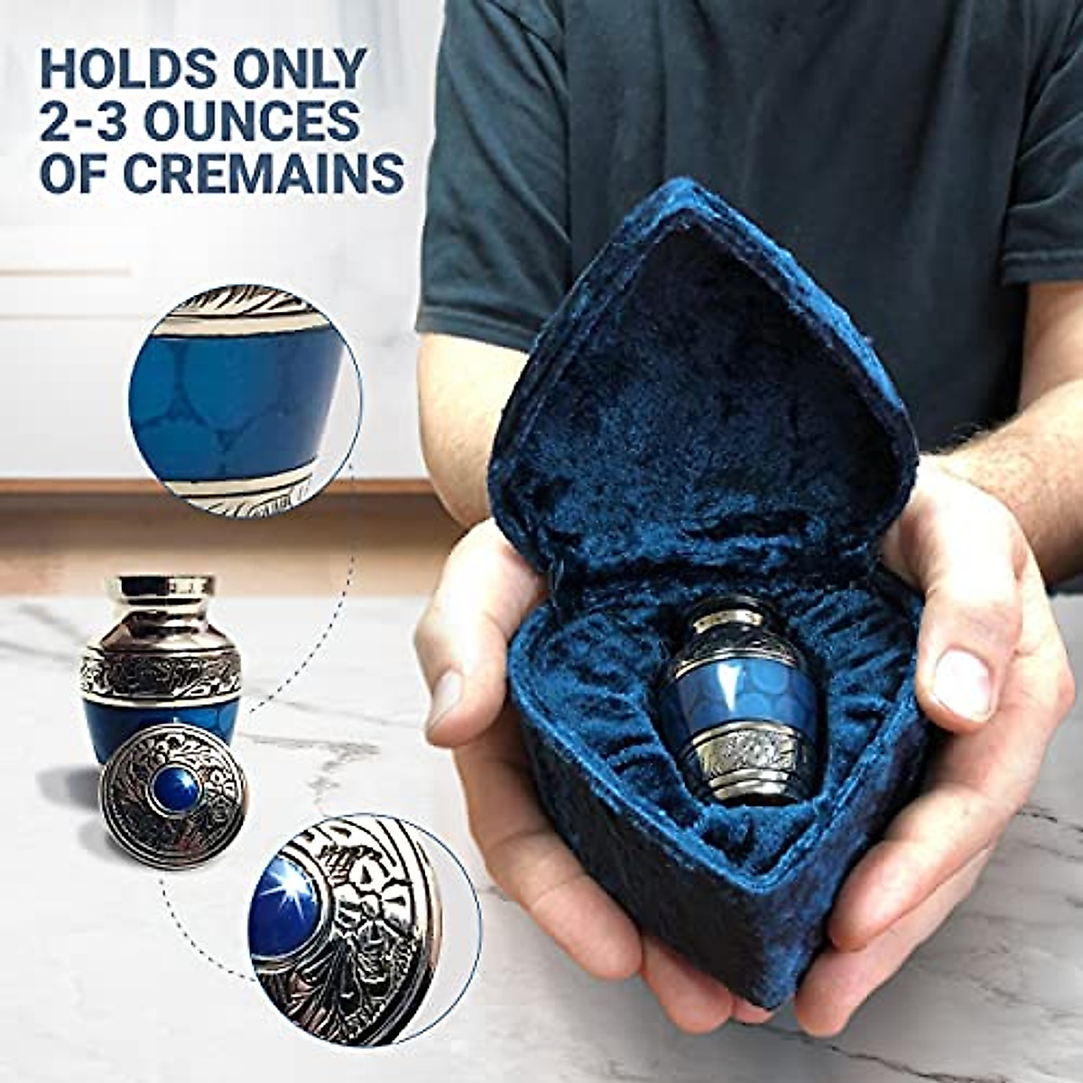 Small Keepsake Cremation Urn for Human Ashes with Velvet Heart Case and Funnel - Beautiful Peaceful Dark Blue Brass Hand Engraved Mini Memorial Urn