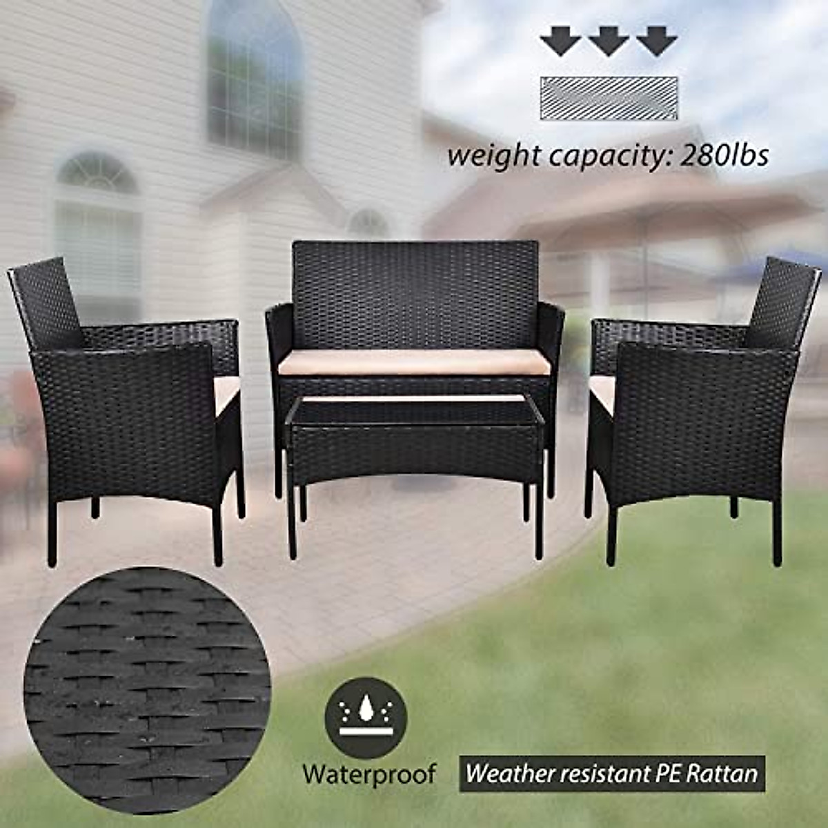 Homall 4 Pieces Patio Rattan Chair Wicker Set,Outdoor Indoor Use Backyard Porch Garden Poolside Balcony Furniture (Black and Beige)