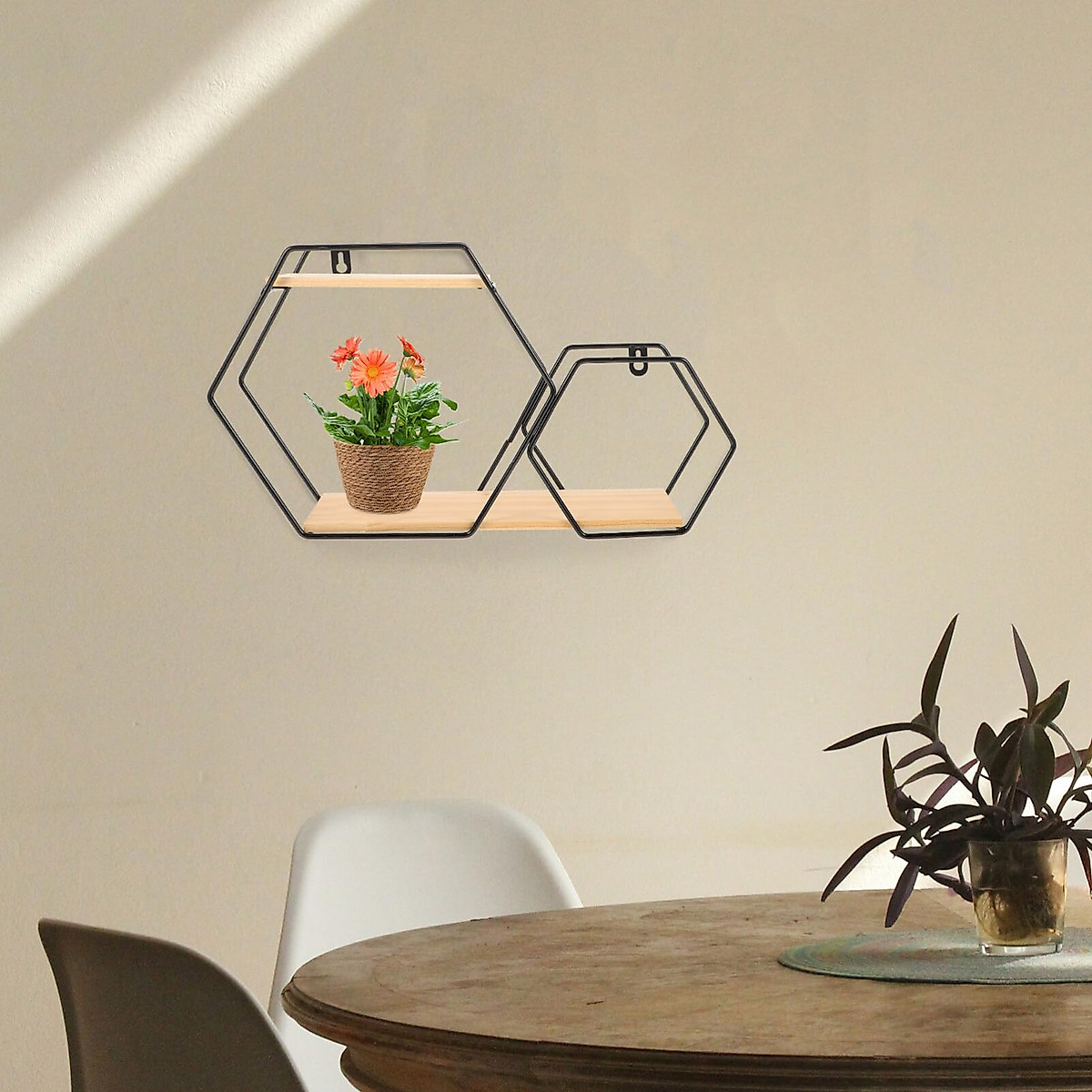 Uonlytech Hexagonal Storage Rack Metal Wall Shelf Wood Wall Shelves Hexagon Shelves for Wall Floating Shelves for Plants Metal Shelf Metal Floating Shelf Wall Shelves Wood Wall Shelving