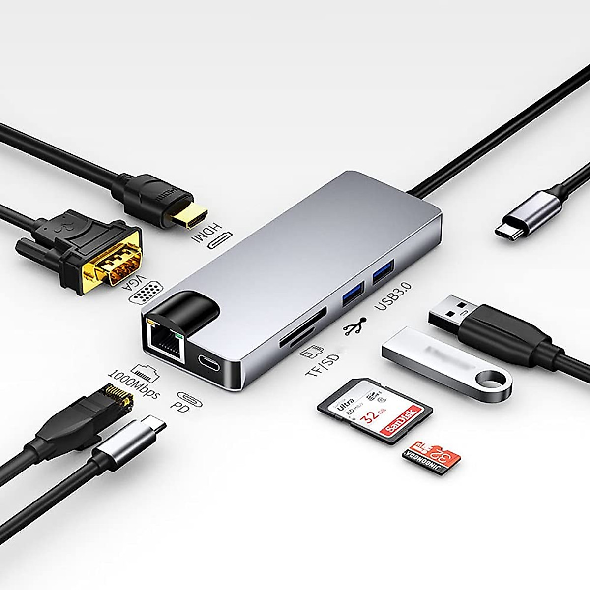 Port Expander 8-in-1 USB C Adapter for USB C Laptop USB C Hub to 4K HDMI, VGA, 2 USB 3.0 Ports, PD Charger, SD/TF Card Reader, Ethernet USB Splitter