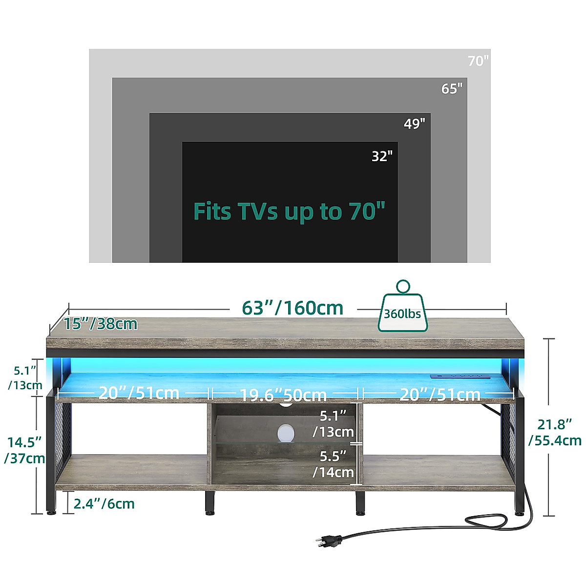 YITAHOME LED Television Stands w/Power Outlets for 70/65 inch, Modern Industrial TV Stand, Entertainment Center w/Open Storage TV Table, Entertainment Center for 360lbs for Living Room, Gray