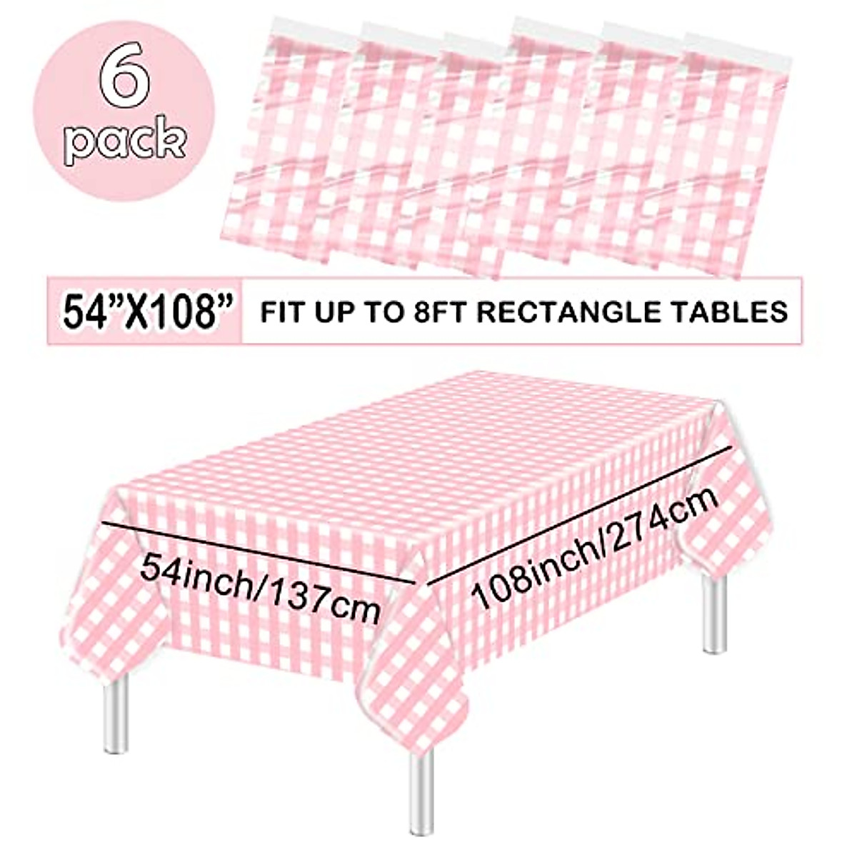 HEIPINIUYE 6 Pack Pink Gingham Disposable Tablecloths 54 x 108 White and Pink Plastic Checkered Table Cloth Pink Paper Tablecloth for Picnic Wedding Baby Shower Birthday Pink Gingham Table Cover
