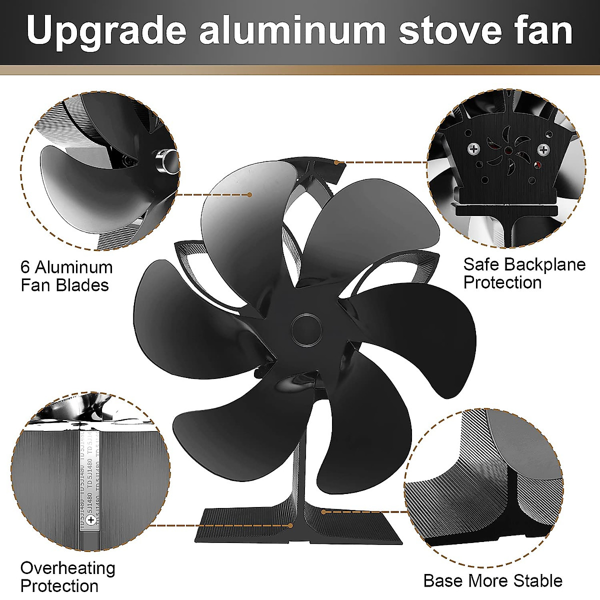 FM2018XSL Wood Stove Fan, 6 Blades Wood Stove Fan Heat Powered, Fireplace Fan for Wood Burning Stove, Heat Powered Fan for Wood/Gas/Log Burner Fireplace