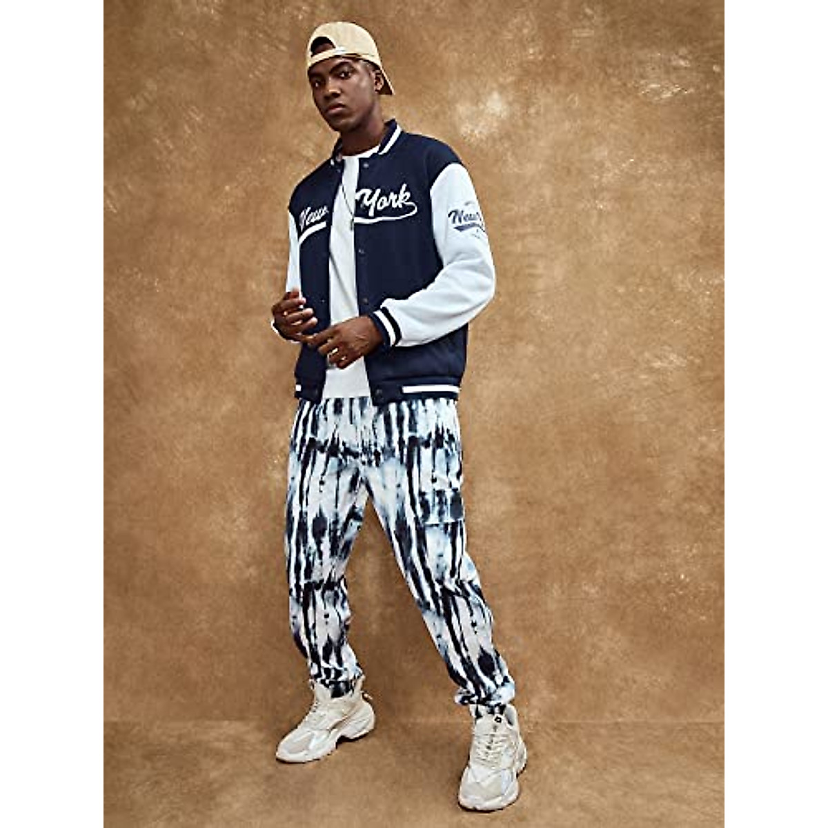 Floerns Men's Letter Graphic Print Long Sleeve Color Block Baseball Jacket Blue and White M