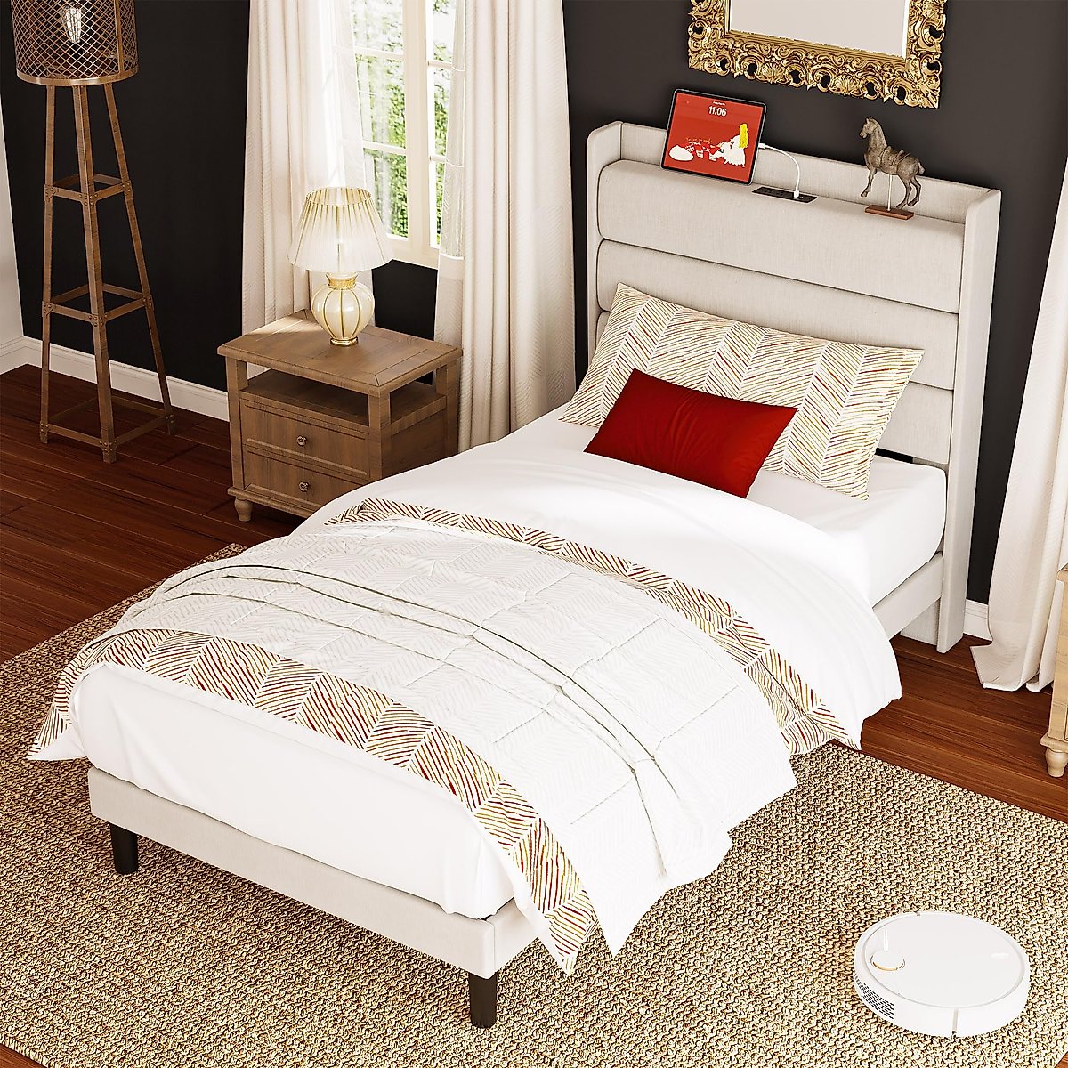 LIKIMIO Twin XL Bed Frames, Storage Headboard with Outlets, Sturdy and Stable, No Noise, No Box Springs Needed, Beige