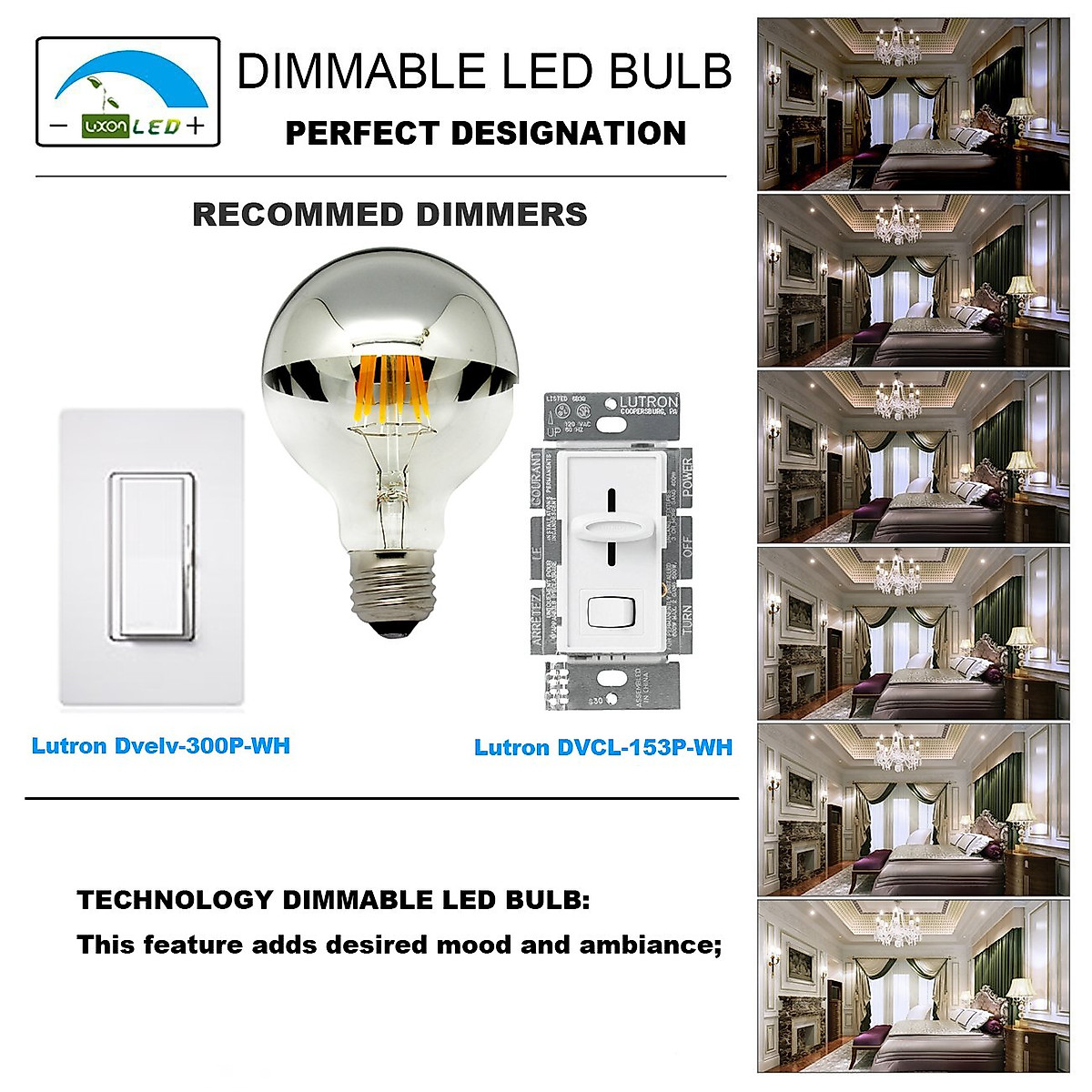 Half Chrome Light Bulb Dimmable LED Filament Vintage Bulb with Mirror 6W (60W Equivalent) G80/G25 E26 Medium Base Warm White 2700K