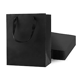 QIELSER 24 pcs Kraft Gift Bags Bulk Small Size 6.3x3.2x8.5 Inches, Black Kraft Paper Shopping Bags with Ribbon Handles, Party Favor Bags, Shopping Bags, Retail Bags, Wedding Bags