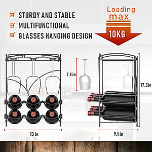 EMT ETRENDS Wine Rack Countertop, Wine Holder for 6 Bottles and 6-9 Glasses, Freestanding Wine Storage Shelves for Kitchen, Pantry, Cellar, Bar, Black.