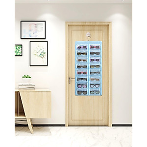 Khikily Hanging Jewelry Organizer, Dust Proof Eyeglasses Holder with 32 Clear Slots, Sunglasses Organizer Storage Wall Mounted, Sunglasses Display With 360-Degree Rotating Hook (Blue)