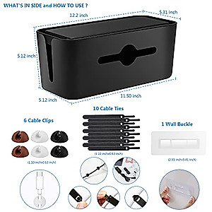 Cable Management Box,Cord Box to Hide Power Strips,Cord Organizer Hider to Conceal The Electrical Wires from TV Computer Under Desk and on Floor for Home Office,Black
