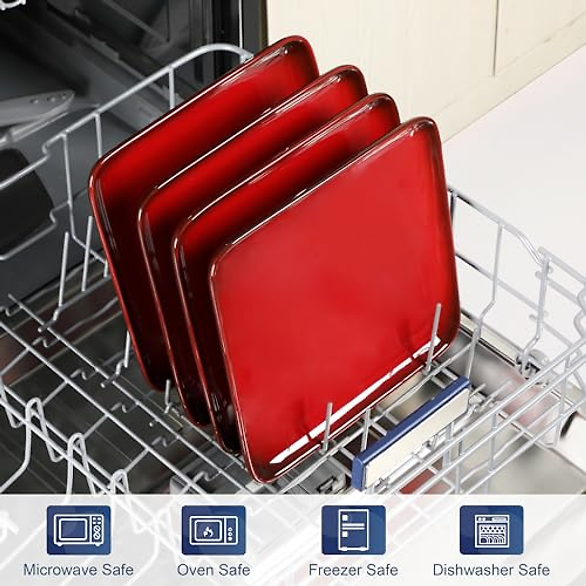 LOVECASA Red Dinner Plates Set of 4, Square Dessert Salad Plates Set, 10 Inch Stoneware Plates, Dishwasher, Oven and Microwave Safe