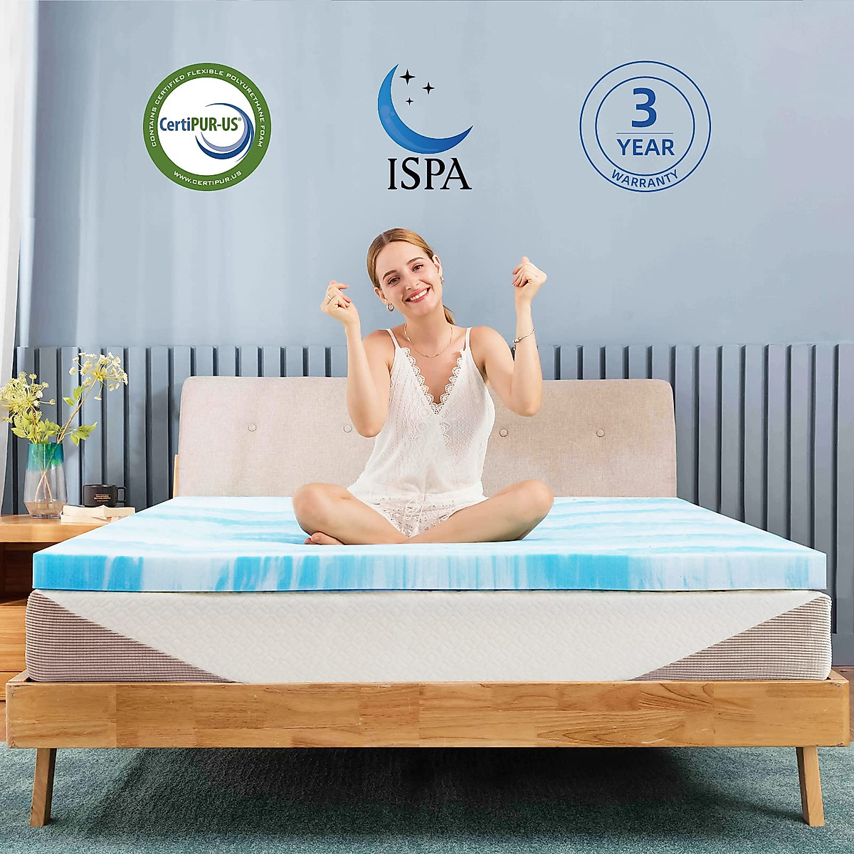 Opoiar 2 Inch Cooling Gel Memory Foam Mattress Topper in a Box, Medium Firm Mattress Topper for Pressure Relief & Temperature Regulation,CertiPUR-US Certified, Blue&White(Queen)