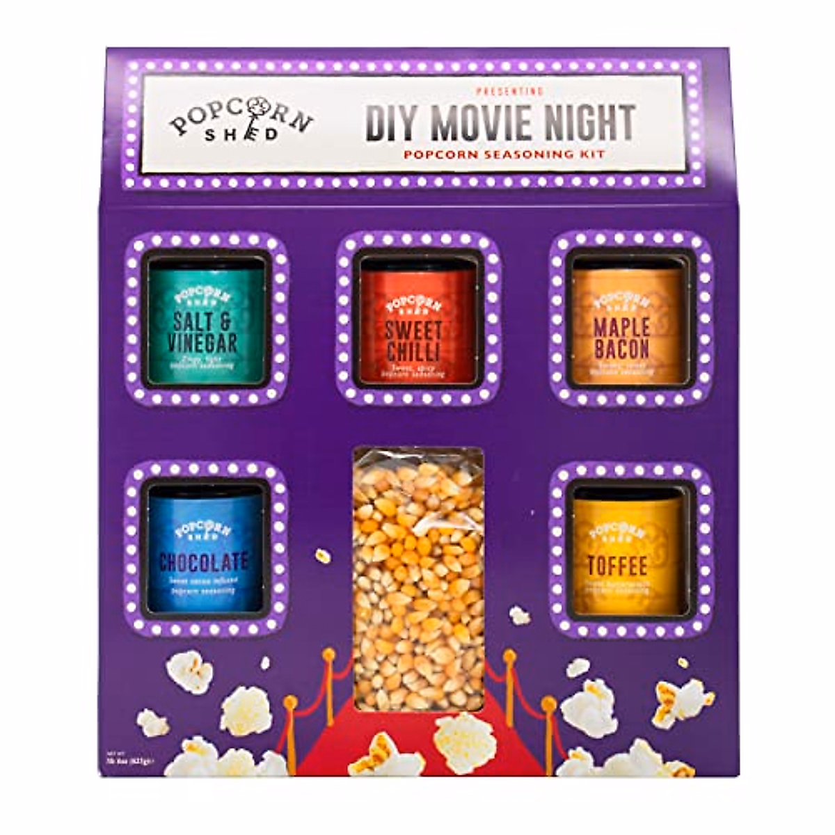 Popcorn Seasoning Kit, Make Your Own Popcorn, Five Delicious Popcorn Seasonings Set + 18oz Popcorn Kernels, Vegan and Gluten Free - Movie Night Gift - Imported from the UK - British Candy from England