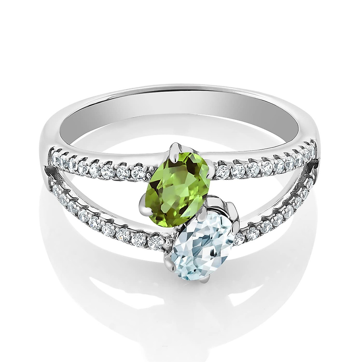 Gem Stone King 925 Sterling Silver Green Peridot and Sky Blue Aquamarine 2 Stone Women's Ring 1.34 cttw (Size 8)