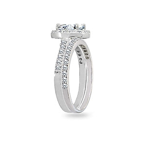 Hoops & Loops Sterling Silver Cubic Zirconia Princess-cut Halo Bridal Wedding Band Engagement Ring Set, Size 8