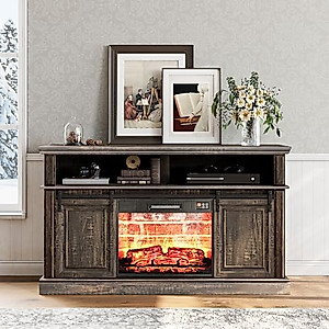 LGHM Farmhouse TV Console for 65 inch TV, Dark Rustic Oak Entertainment Center with Electric Fireplace, Sliding Barn Door