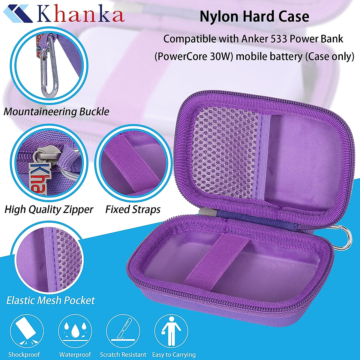 khanka Hard Travel Case for Anker 3-in-1 Fast Charging Charger with Built-in USB-C Cable/Anker 533 Power Bank/Anker Nano Power Bank,10000mAh Portable Charger (PD 30W max. Leistung),Case Only(Purple)