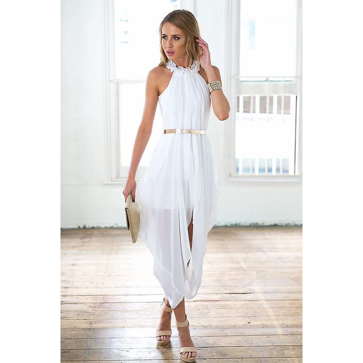 KingField Women's Chiffon Greek Goddess Fairy High Low Dresses Outer Maxi Inner Mini Beach Party Dress Large White