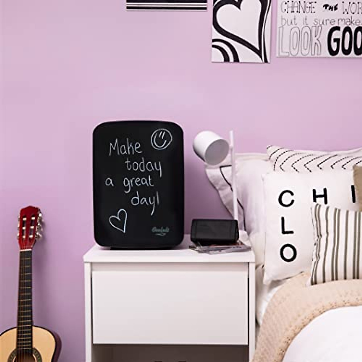 Cooluli Vibe Mini Fridge for Bedroom - With Cool Front Magnetic Blackboard - 15L Portable Small Refrigerator for Travel, Car & Office Desk - Plug In Cooler & Warmer for Food, Drinks & Skincare (Black)