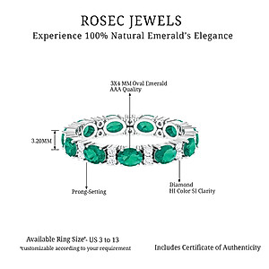 Rosec Jewels Natural Emerald Wedding Band for Women, AAA Quality, Certified Emerald Diamond Full Eternity Ring - Ready To Gift, 14K White Gold, Size:US 6.50
