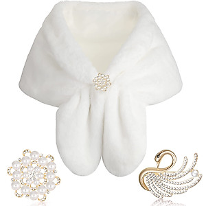 Geyoga Faux Fur Shawl Wrap Stole Shrug Winter Bridal Wedding Scarf Wrap with Faux Pearl Rhinestone Brooches for Women 1920s (White, Medium, Short Hair)