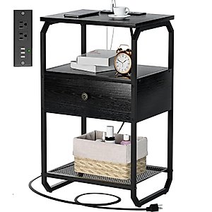 runjuly Black End Table with Charging Station, 3 Tier Night Stand with Wooden Drawer and Storage Shelf, Bedside Table with USB Ports Outlets, Narrow Side Table for Living Room, Bedroom
