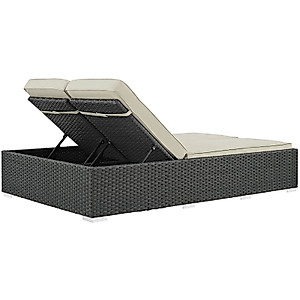 Modway Sojourn Wicker Rattan Outdoor Patio Sunbrella Fabric Double Chaise in Chocolate Beige