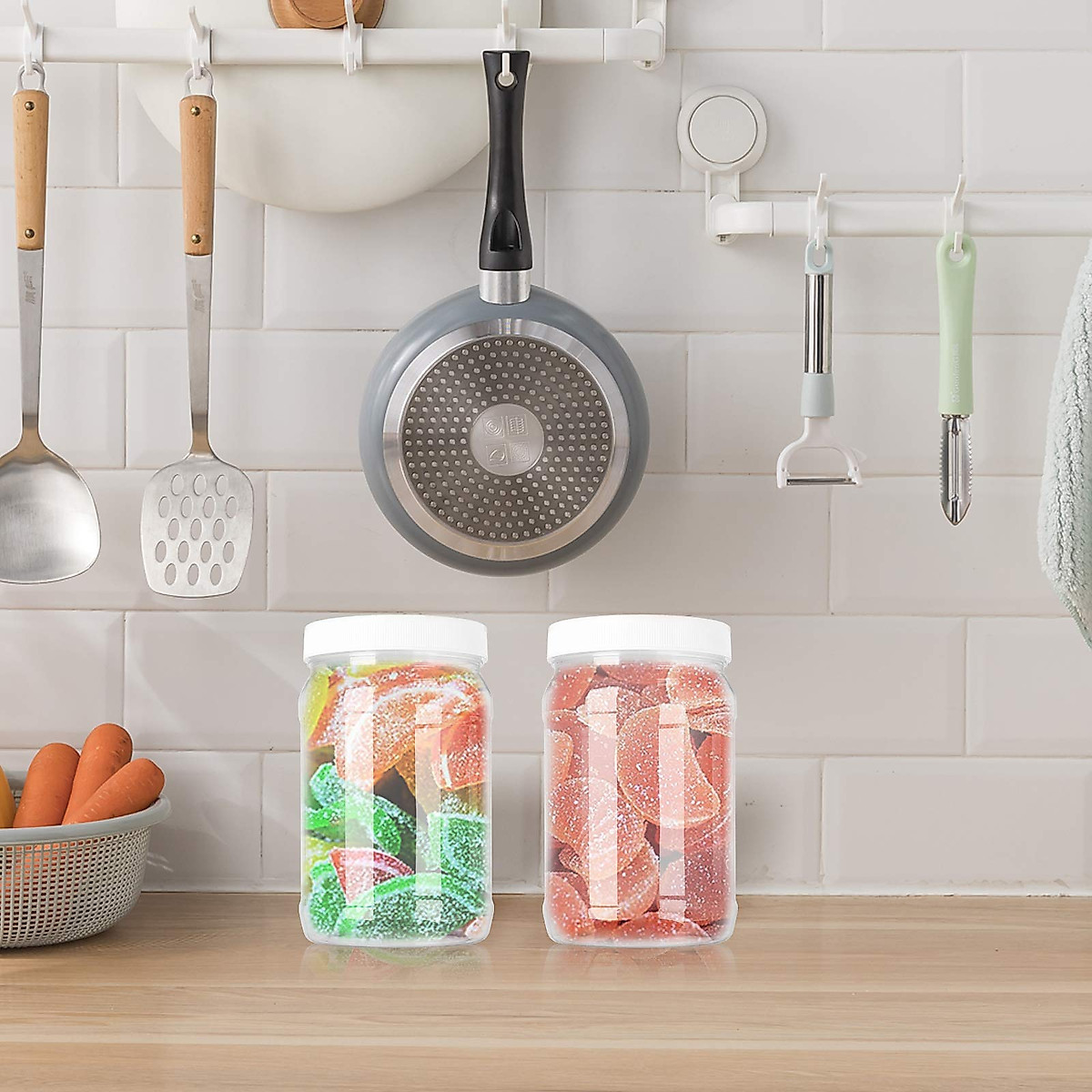 Fasmov 16 Pack 17 oz Plastic Jars with Screw on Lids Storage Jars with White Sealing Caps, Wide Mouth, BPA Free, PET Jars Bulk for Home & Kitchen Pantry Organization and Storage