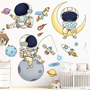 Astronaut Wall Stickers for Boys Bedroom, DILIBRA Cartoon Spaceman Outer Planet Creative DIY Art Vinyl Removable Wall Decal, Star Spaceship UFO Glaxy Wallpaper Decor for Kid’s Room Nursery