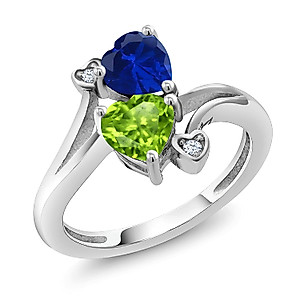 Gem Stone King 925 Sterling Silver Blue Created Sapphire Green Peridot Ring For Women (1.66 Cttw, Heart Shape 6MM, Gemstone September Birthstone, Available In Size 5, 6, 7, 8, 9)