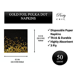 Party Chic Black and Gold Party Supplies Disposable Napkins Gold Dot Confetti Paper Napkins for Birthday Anniversary New Years Graduation Wedding Christmas 3-Ply 50 Pack