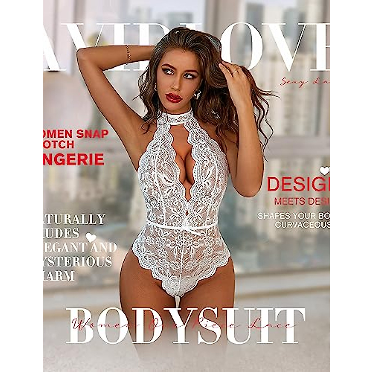 Avidlove Womens Snap Crotch Lingerie Halter Lace Bodysuit Sexy Teddy Babydoll White L