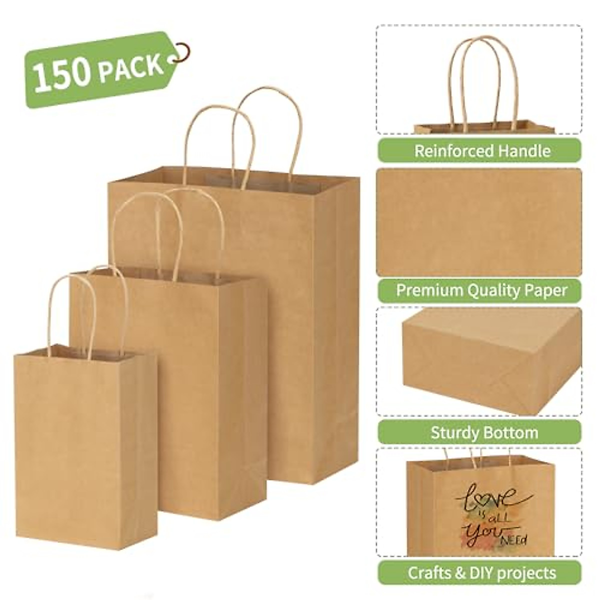 Moretoes 150pcs Brown Kraft Paper Bags with Handles Bulk - Assorted Sizes Gift & Retail Bags for Small Business, Party Favors