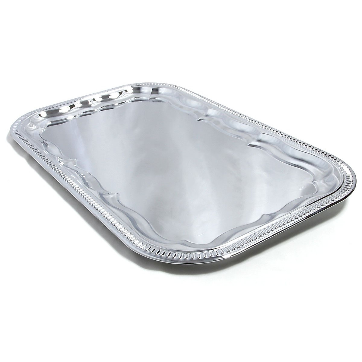 Maro Megastore (Pack of 4) 20.9" x 12.8" Traditional Rectangular Trim Floral Pattern Engraved Catering Chrome Plated Serving Plate Mirror Tray Platter Tableware Holiday Party Serving (Large) T227L-4PK