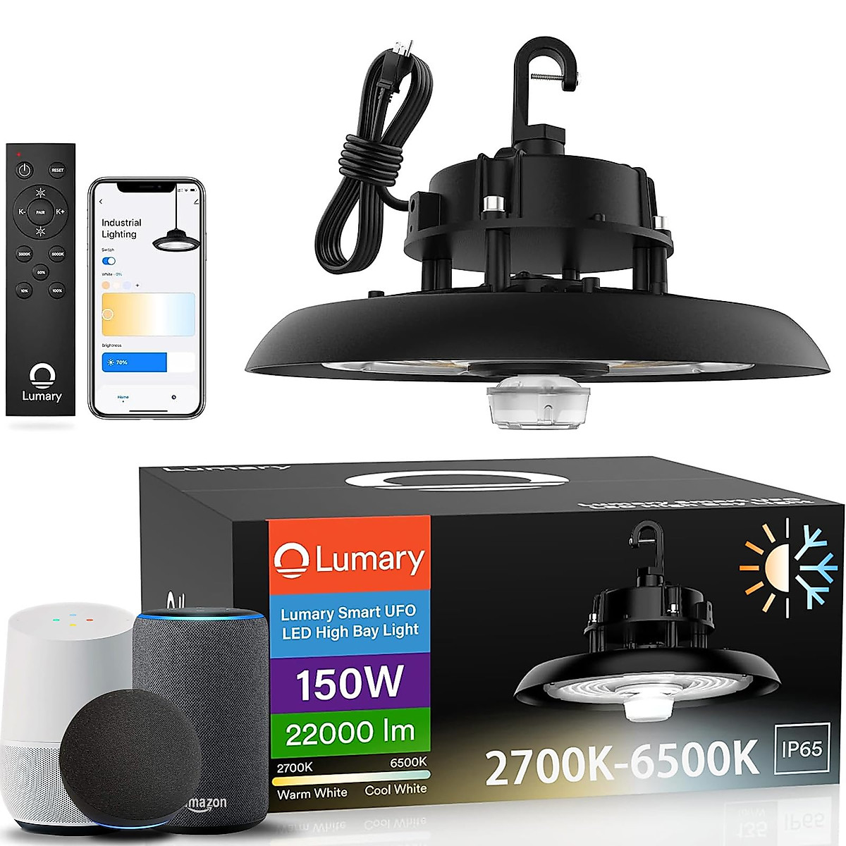 Lumary 22,000Lm Smart Aluminium UFO LED High Bay Light w/Remote, 2700K-6500K Dimmable 150W, Work with Alexa/Google - Hub Required, LED Shop Lights for Hanging Garage Workshop Factory Gym Barn