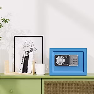PATRON small safe box with key，mini safe for money，small coin safes for home with code，little jewelry lock box for kids，Wall or Cabinet Safe for personal items，0.236 Cubic Feet Blue