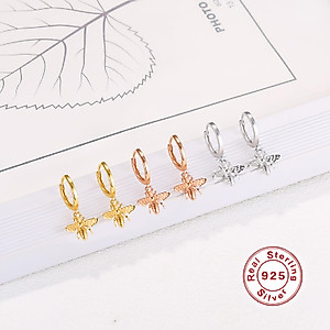 Bee Hoop Earrings Dangle for Women - Small Drop Huggie Hoop Earrings with Bee Charm in Sterling Silver for Her