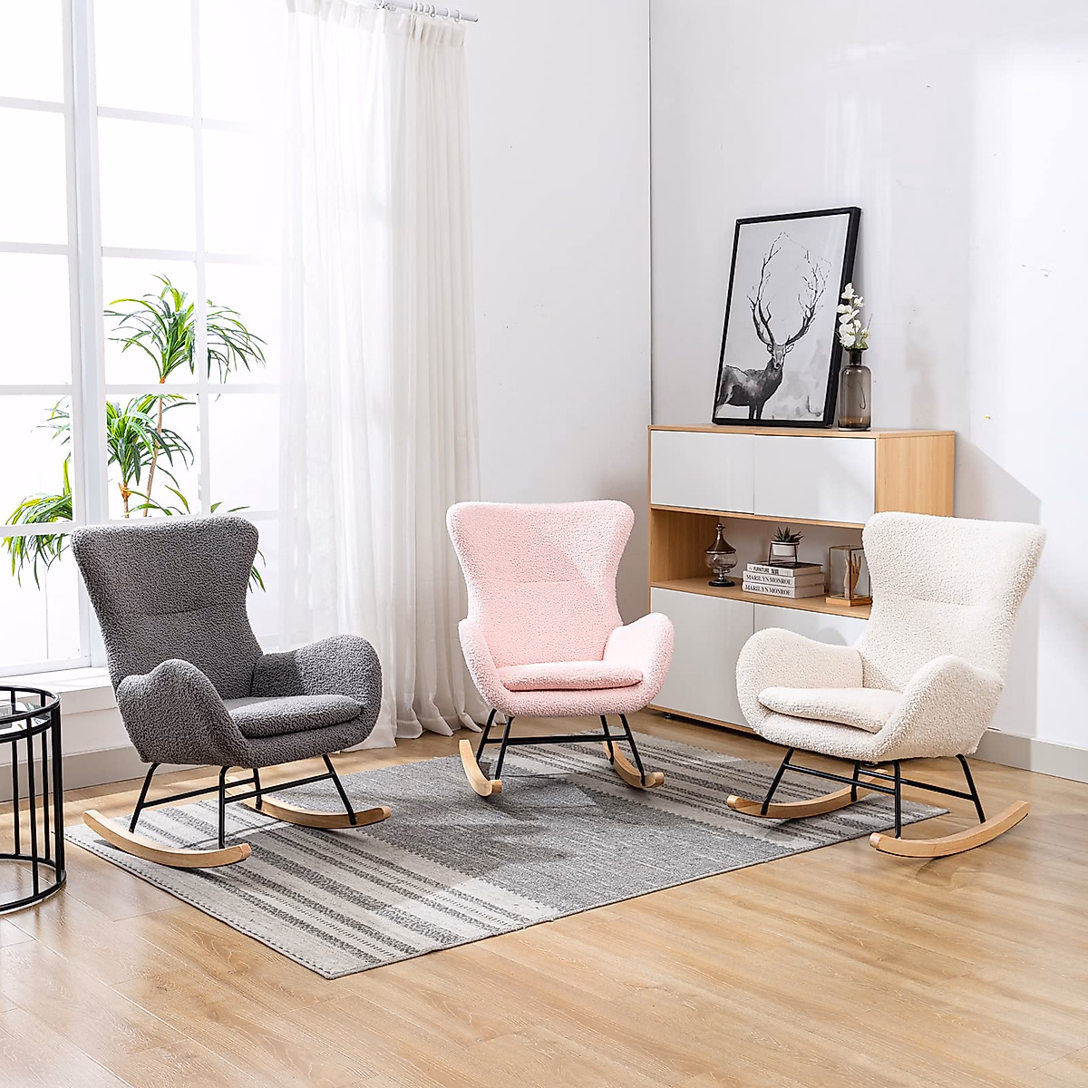 Dolonm Modern Nursery Rocking Chairs Upholstered Rocker Glider for Baby Nursery Teddy Fabric Armchair with High Back and Armrests Accent Chair Single Sofa Chair for Living Room Bedroom Balcony, Beige